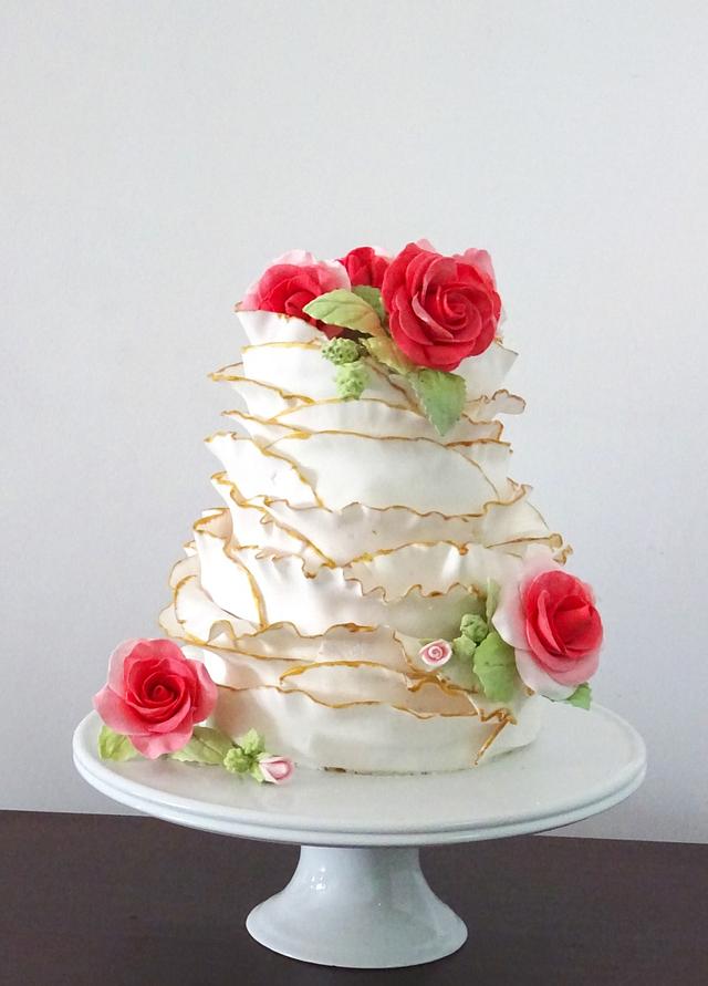 A Engagement Cake With Ruffles And Roses Decorated Cake Cakesdecor