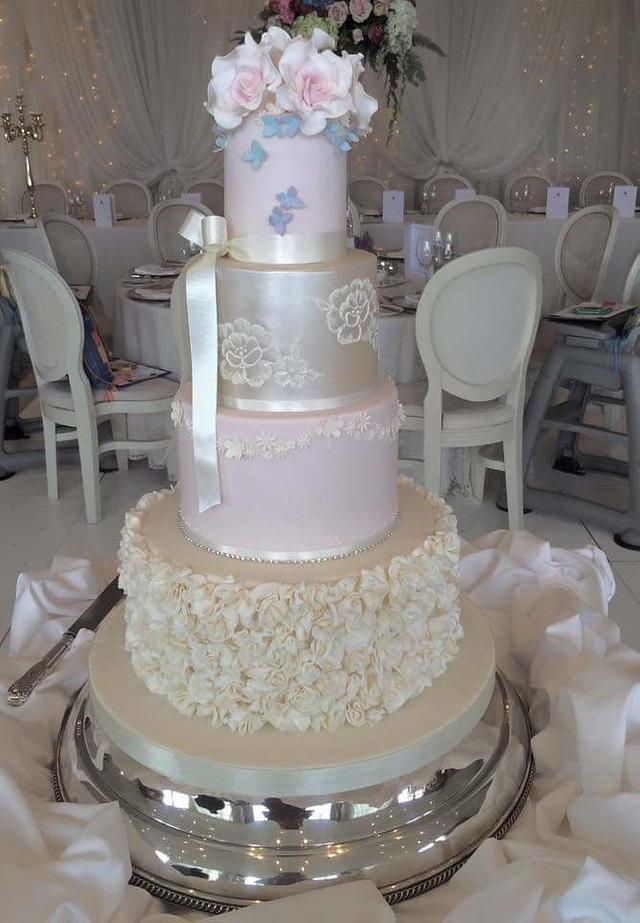 Wedding Cake With Flowers Bows And Ruffles Decorated Cakesdecor