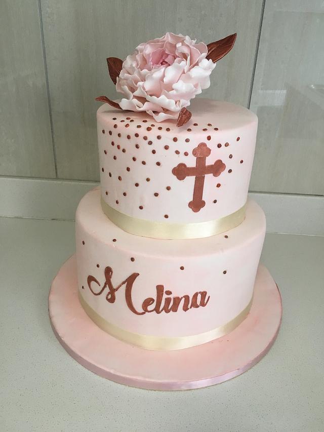 Peony christening cake - Decorated Cake by Rhona - CakesDecor Peony christening cake - Decorated Cake by Rhona - CakesDecor